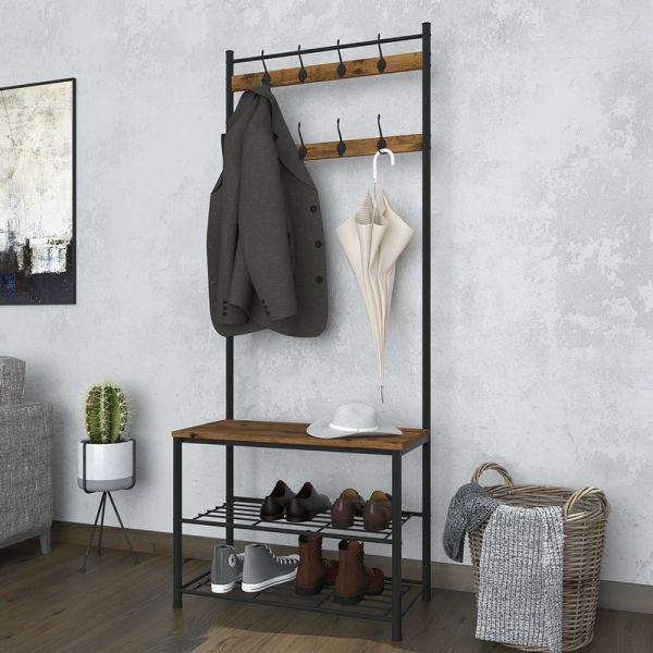 Ealing Small Hallway Unit Black Metal Rustic Wood L32.5 x W70 x H175.5 cm Vintage Pine